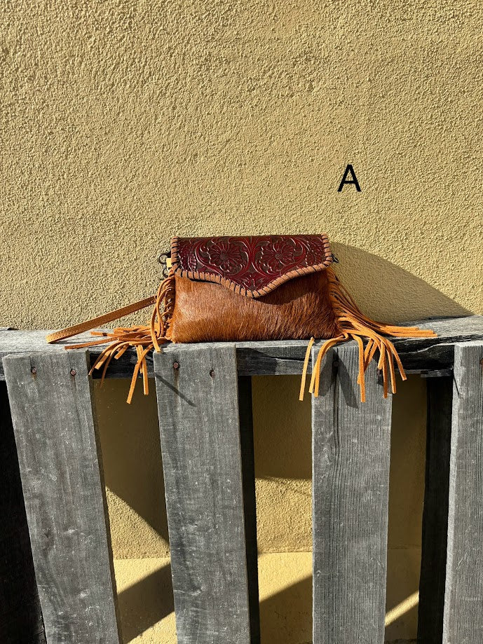 Top Notch Accessories Cowhide Small Crossbody with Brown Leather Fring