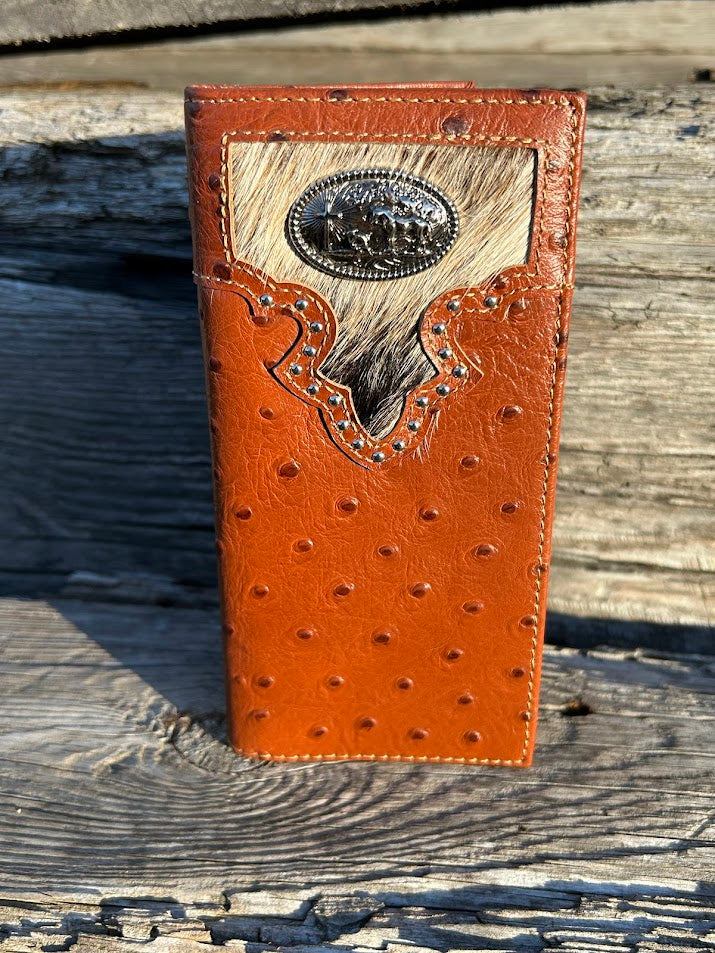 Top Notch Accessories Brown Full Quill Ostrich Print Leather Checkbook