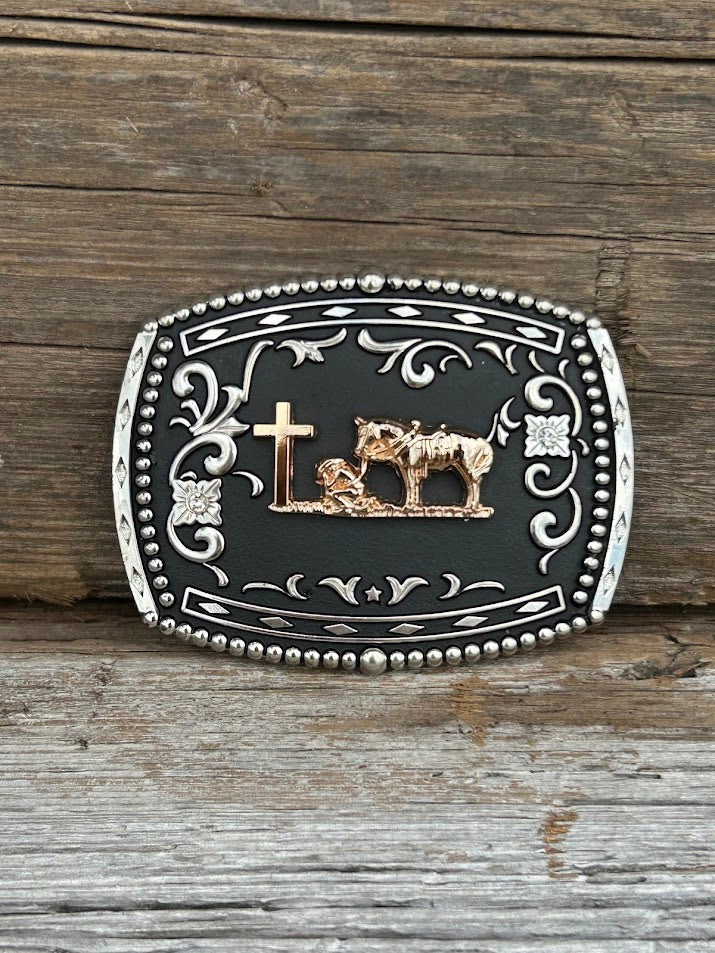 Top Notch Accessories Gold Praying Cowboy Design Matte Black Buckle