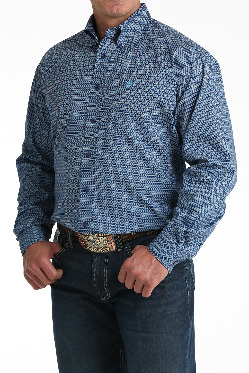 Men's Cinch Blue Diamond Print Long Sleeve Button Shirt