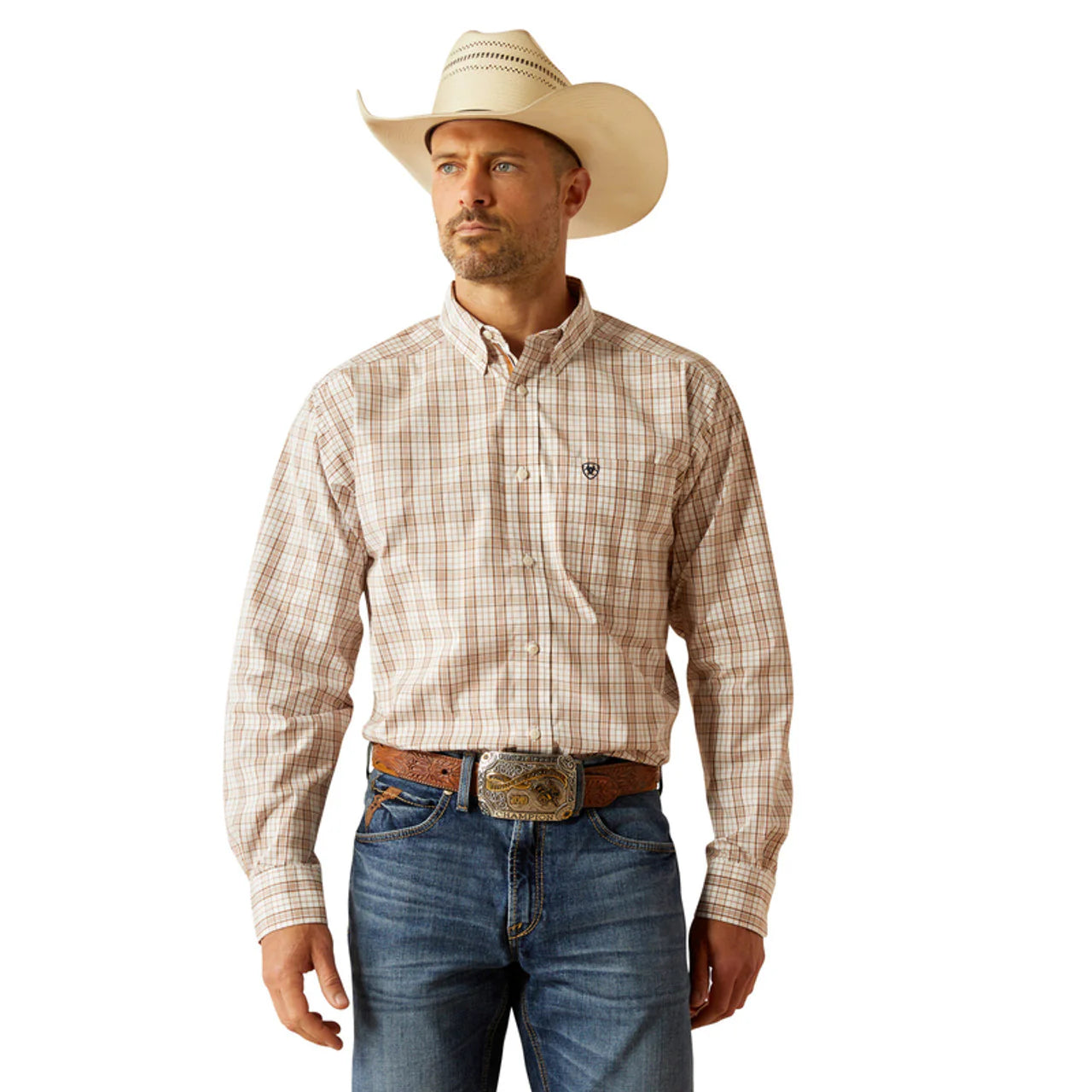 Men's Ariat Pro Series Jase Long Sleeve Shirt in Light Brown Plaid *CL