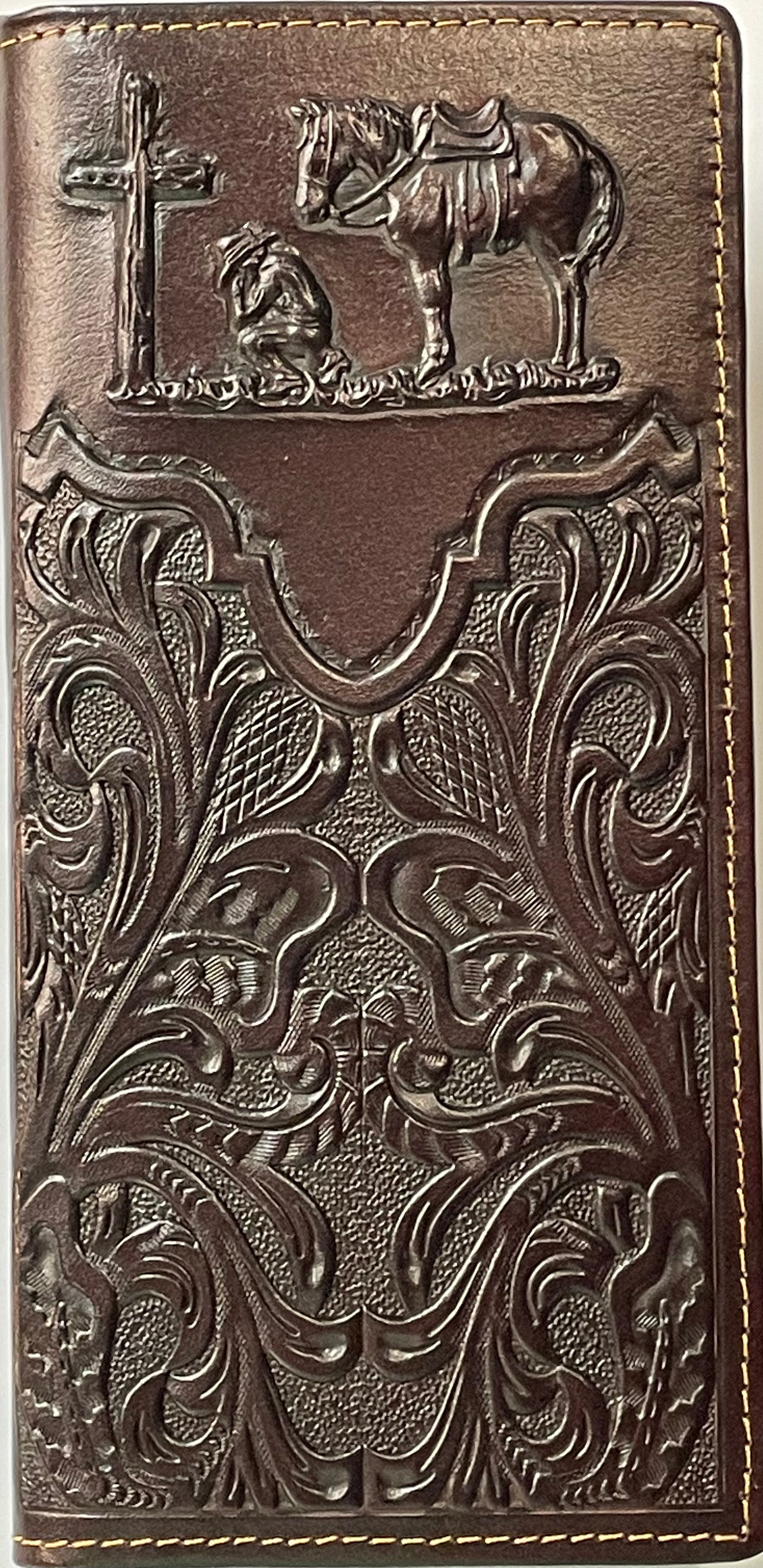 Top Notch Accessories Embossed Leather Praying Cowboy Design Checkbook