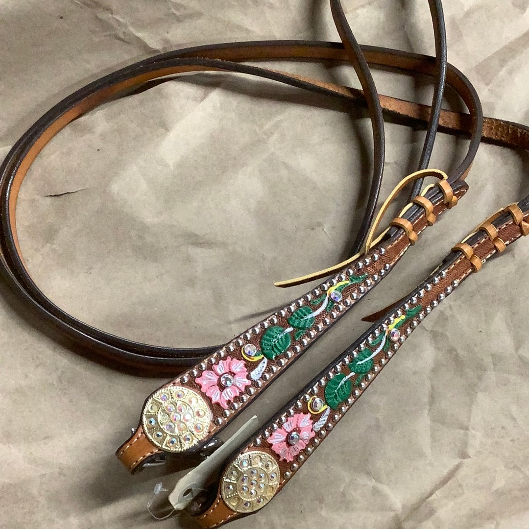 Double J Saddlery FLORLCRSBLRN Floral Crystal Rein CLOSEOUT